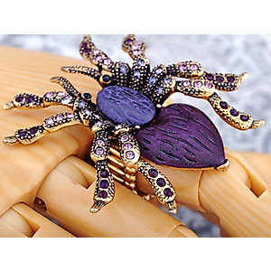 Alilang Stretchy Golden Tone Purple Rhinestones Heart Spider Tarantula Ring