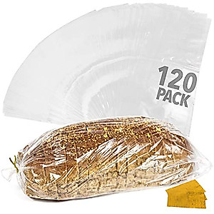 [120 Pack] Plastic Bread Bags for Homemade Bread or Bakery - Heavy Duty Bread Loaf Bags with Ties - Clear Bread Wrappers Storage Packaging - Reusable Bag for Large Loaves - 8” x 4” x 18”