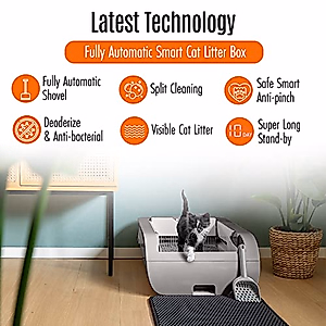 PETH Self Cleaning Cat Litter Box APP Version - No Scooping Automatic Cat Litter Box with a Removable Roof (Grey)