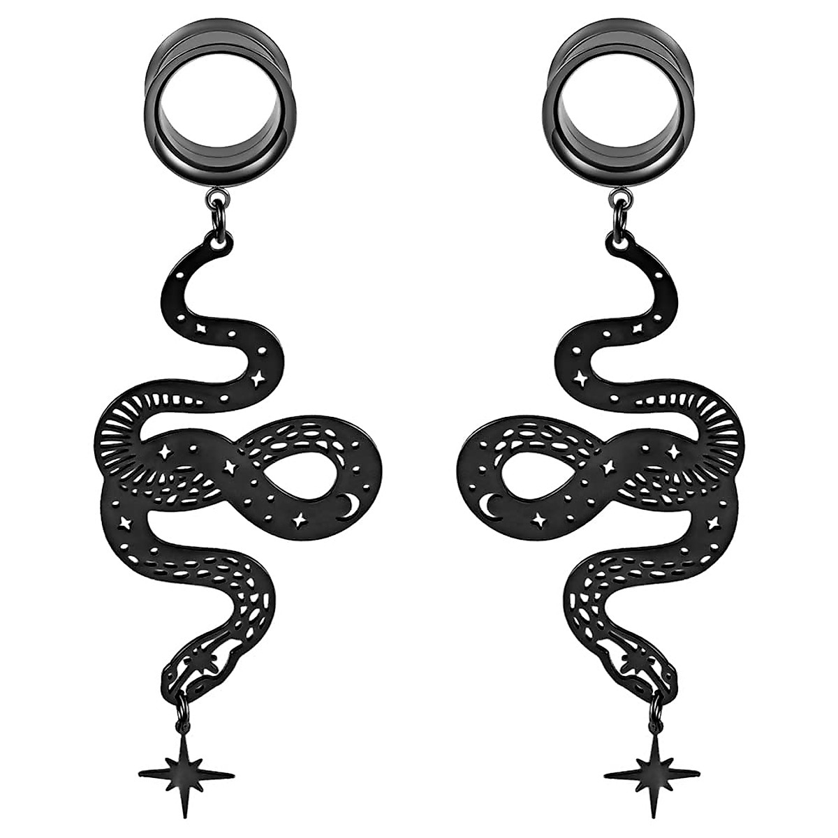 Atomhole 2PCS Snake Dangle Ear Gauges Hypoallergenic Stainless Steel Ear Plugs Ear Hangers for Stretched Ears Tunnels Pair Selling 2g 0g Body Jewelry (10mm(00G), Black)