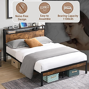 QKFF Full Size Bed Frame, Metal Bed Frame with Wooden Storage Headboard Outlet & USB Port, Solid and Stable, Noise Free, No Box Spring Needed (Full)
