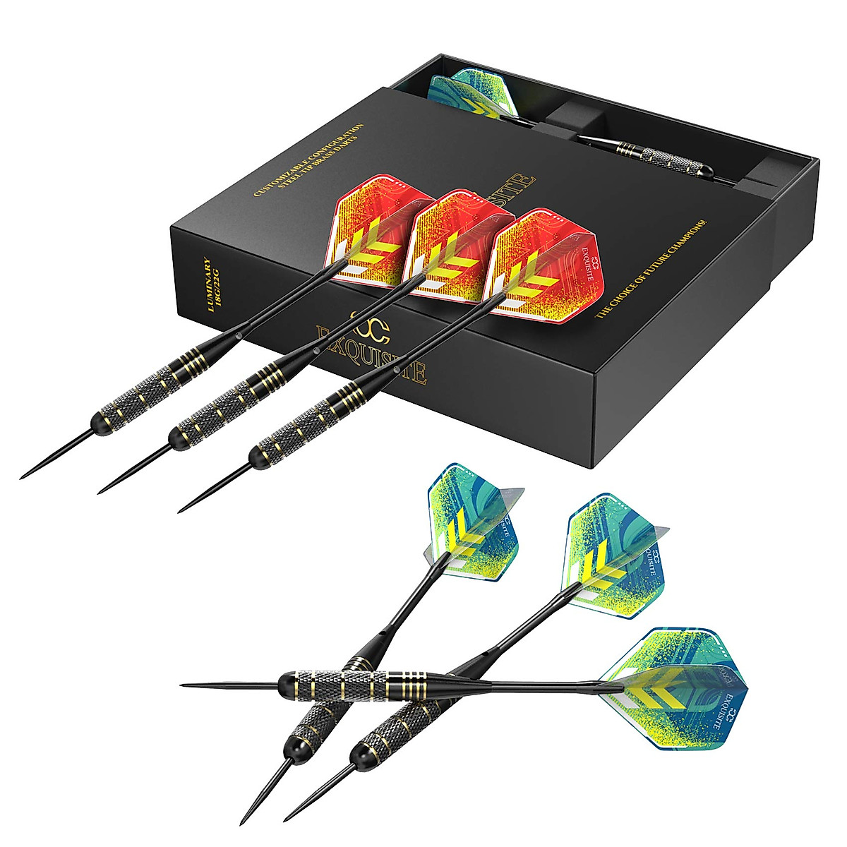 CC-Exquisite Professional Steel Tip Darts Set - 6 x 22g Brass Barrels with 12 Flights Standard/Slim, 12 Aluminum Shafts 35/48mm, 12 O-Rings, Dart Tool (‎Black - Luminary 18g/22)