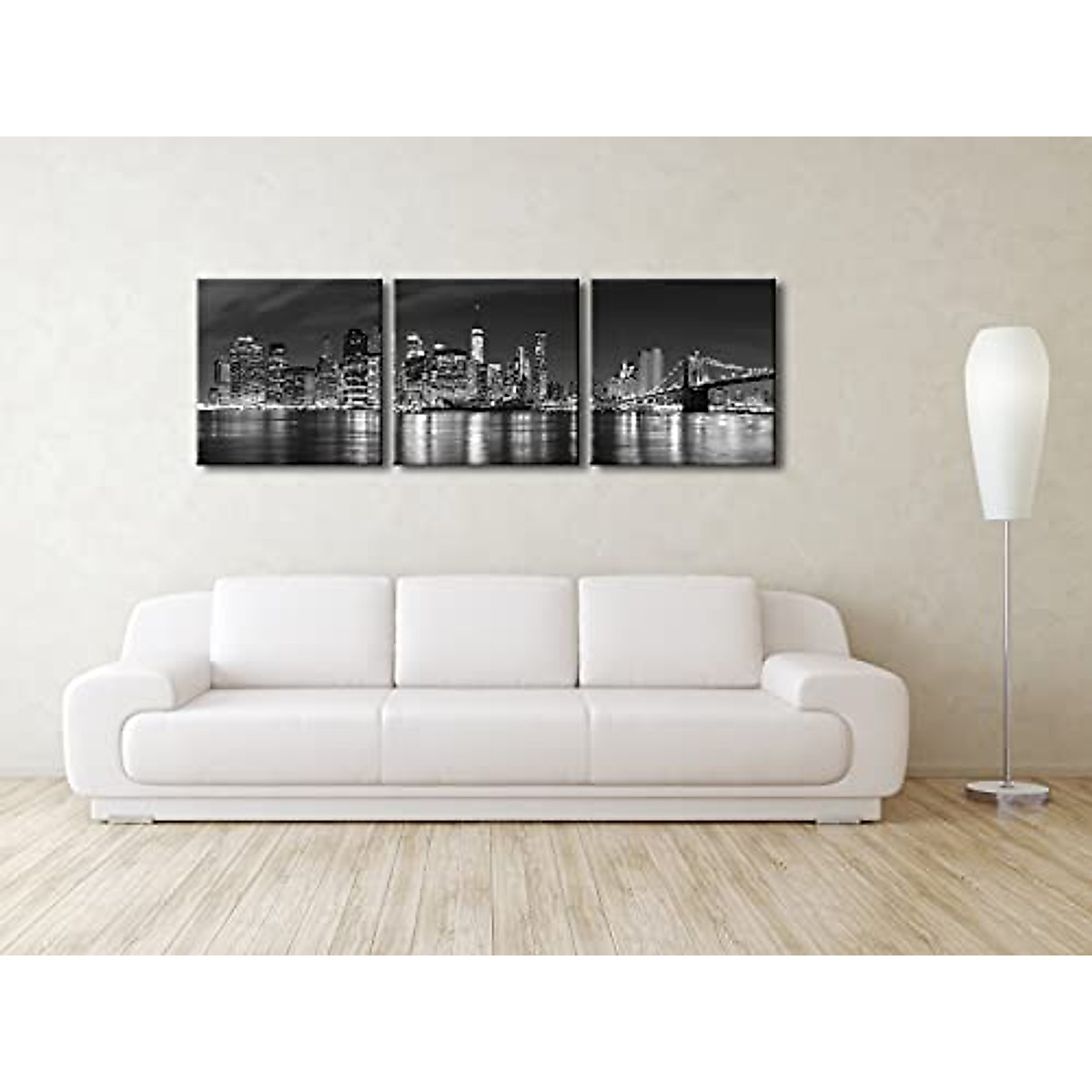 Pyradecor New York City Skyline Night Modern 3 Panel Stretched and Framed Black and White Cityscape Giclee Canvas Prints Pictures Paintings on Wall Art for Living Room Bedroom Home Decorations