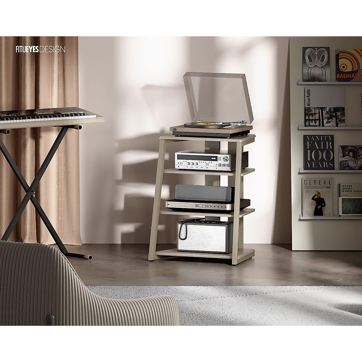 FITUEYES Design 4-Tier AV Media Stand with LED Lights, Wooden Stereo Cabinet, Audio Rack Tower with Adjustable Shelves, Small AV Component Entertainment Stand, Khaki