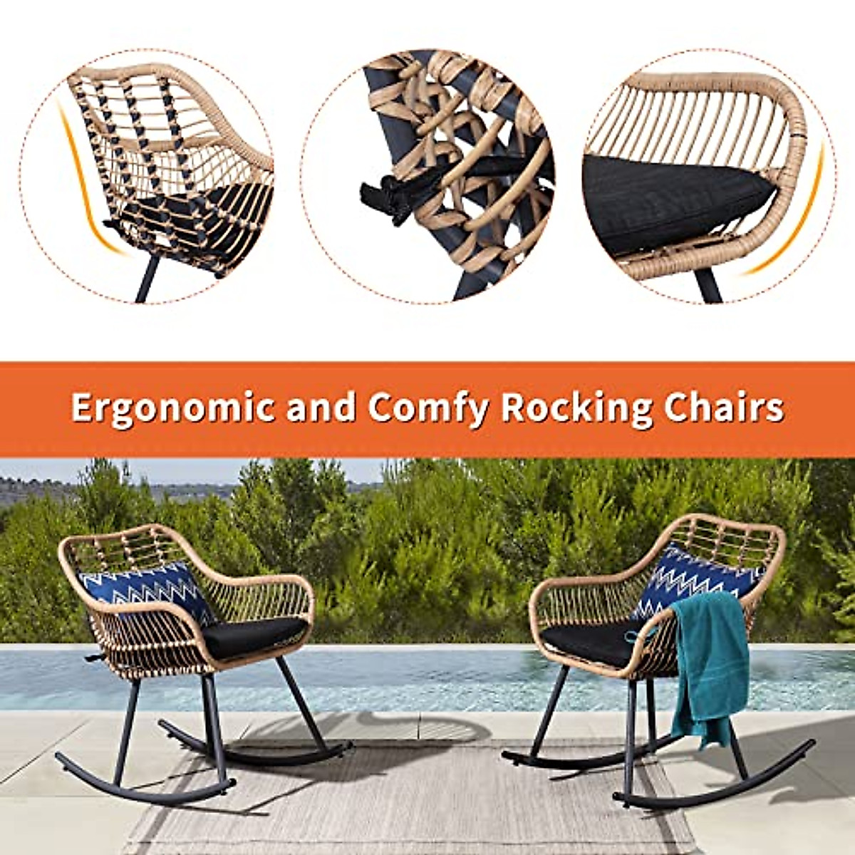 Verano Garden Set of 2 Patio Rocking Chairs Set, All Weather Outdoor Bistro Chairs, Natural Wicker Chairs Set for Balcony, Deck, Porch
