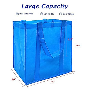 Walmicoz Reusable Grocery Bags, 10 Pack Large Foldable Shopping Bags Bulk 15"x13"x10", Eco Washable Non-woven Tote Bags with Reinforced Handles and Removable Bottom, for Groceries Gift Parties, Blue