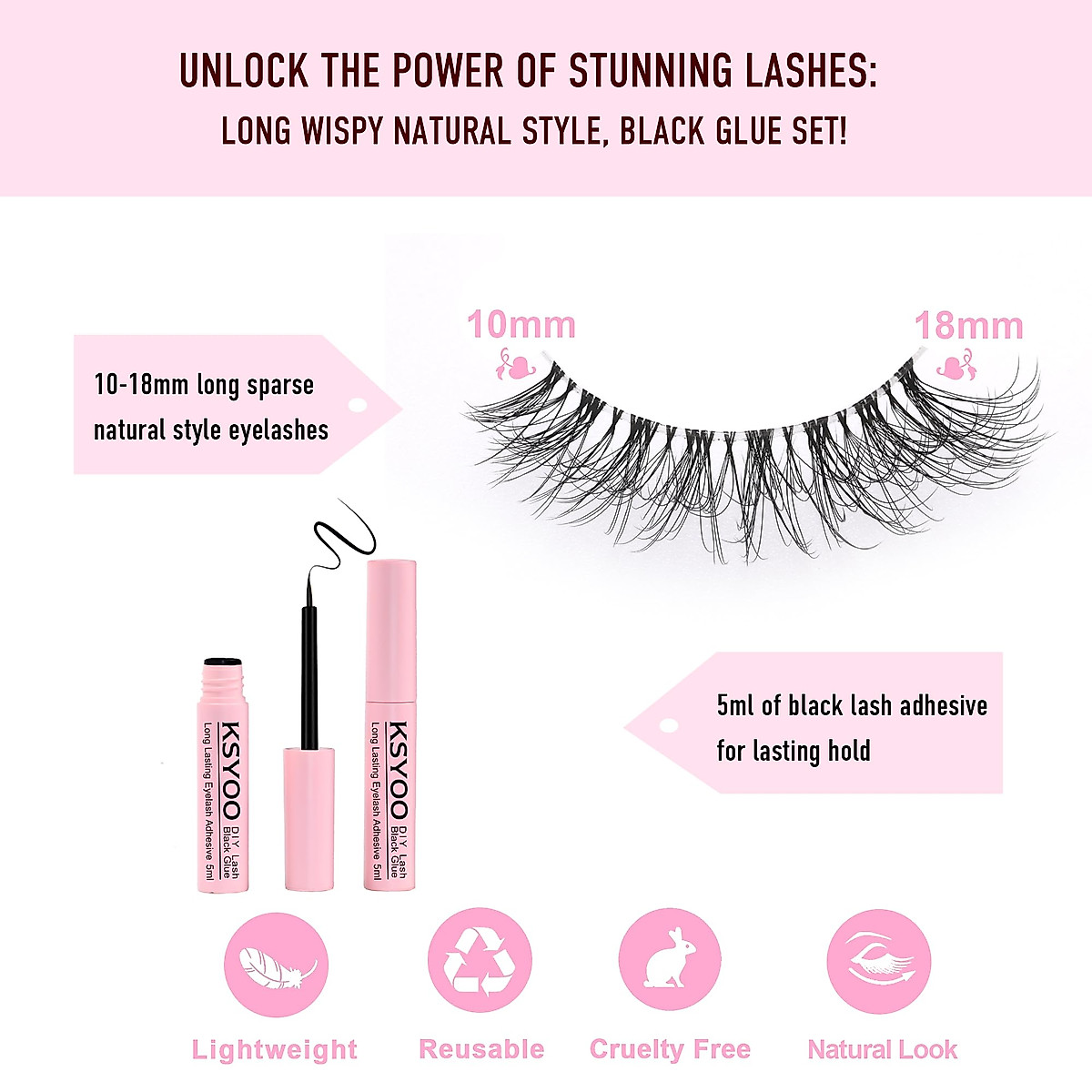 KSYOO Natural Lashes with Glue Set, Clear Band 3D False Eyelashes Multi-pack (A8 Black Glue Kit)