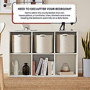 Ornavo Home 3 Pack Woven Cotton Rope Storage Shelf Basket with Handles, Closet Shelf Storage Fits 12" inch Cube - 11x11x11 - Cream