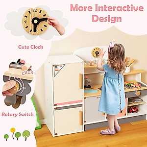 HONEY JOY Kids Kitchen Playset, 3-in-1 Wooden Play Kitchen for Toddlers & Refrigerator & Barbecue Grill Set, Range Hood, Bowl Rack, Little Chef Pretend Toy Kitchen Set, Gift for Boys Girls, Natural
