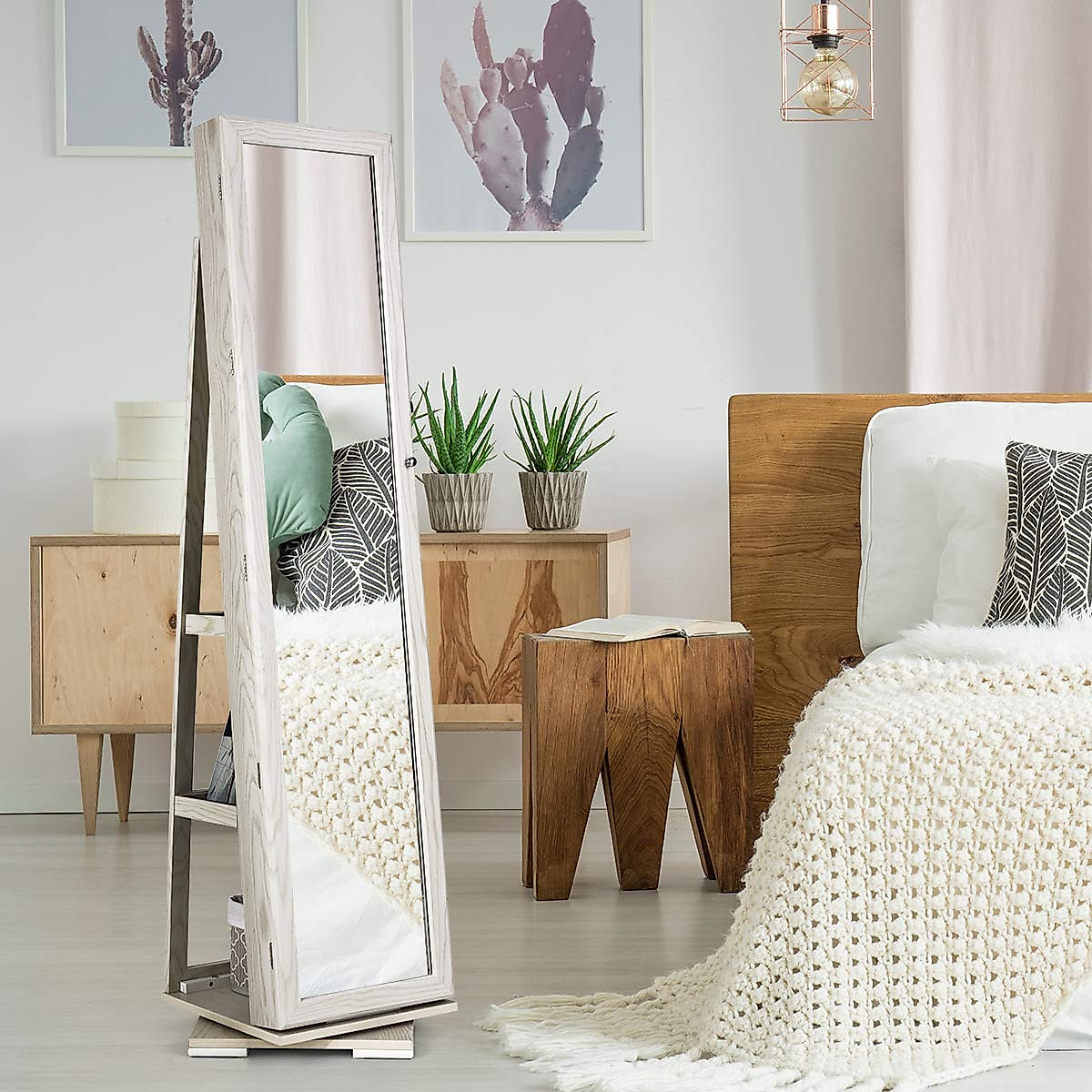 CHARMAID 360° Swivel Jewelry Armoire with Higher Full Length Mirror & Inside Makeup Mirror, Standing Lockable Jewelry Cabinet Organizer, Large Capacity, Back Storage Shelves (Grayish White)