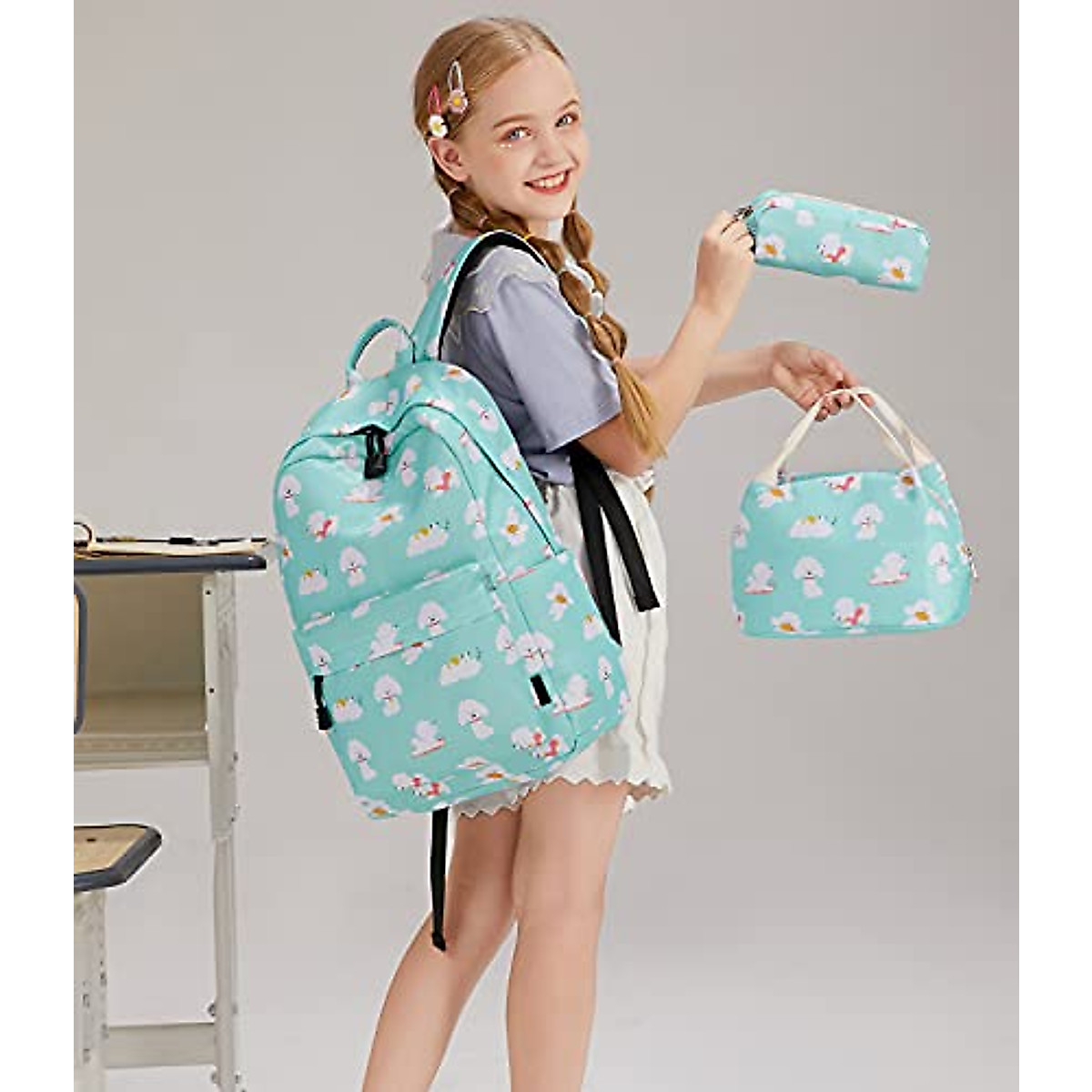 ecodudo Lightweight Kids Puppy Dog Puppy Print Backpack Girls School Backpacks Boys Bookbags with Lunch Bag (Teal Puppy 1)