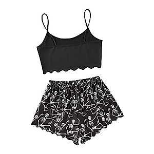 SOLY HUX Women's Cute Cartoon Print Lettuce Trim Cami Top and Shorts Cute Pajama Set Sleepwear Black Skull XL