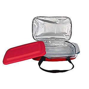 Le Regalo HW1236 Glass Casserole with Insulated Bag, Ideal for Picnic, Potluck, Hiking & Beach Trip-Retains Hot and Cold Temperature of Food, 14"x8.5"x2.75" Red