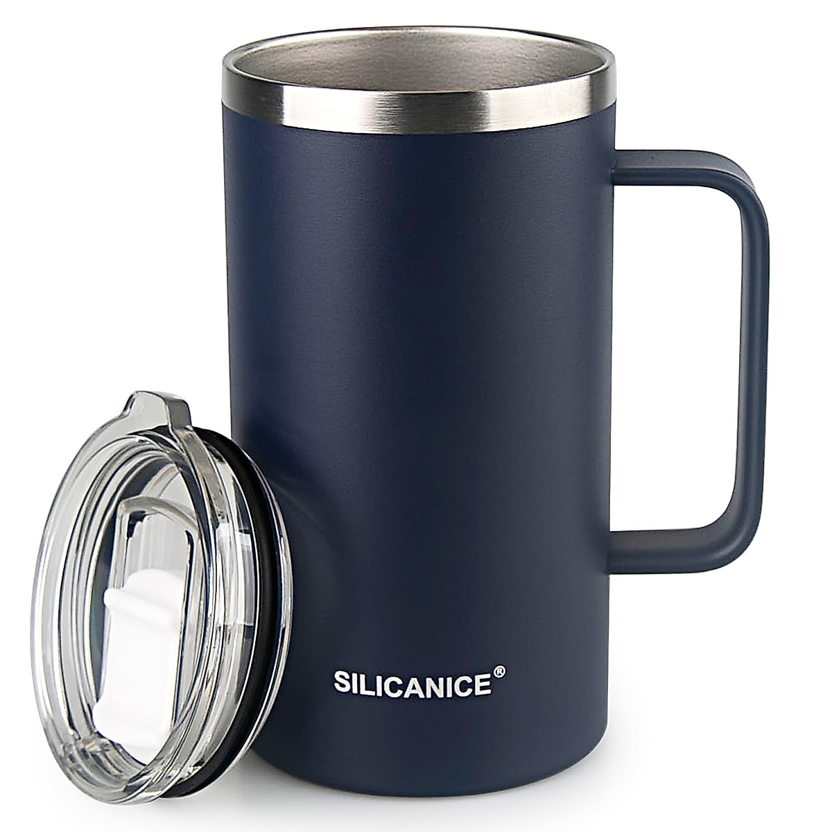 SILICANICE 24 oz stainless steel glass with handle double-wall insulation, easy to hold and clean, suitable for coffee, beverages, cola, protein powder, beer Navy