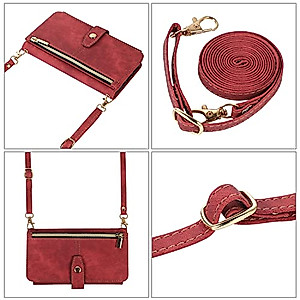 UEEBAI Crossbody Wallet Case for iPhone 13/iPhone 14 6.1 inch, 9 Card Slots Adjustable Crossbody Zipper Cover Detachable Lanyard Strap Flip Case with Hand Strap Kickstand Case - Red Wine