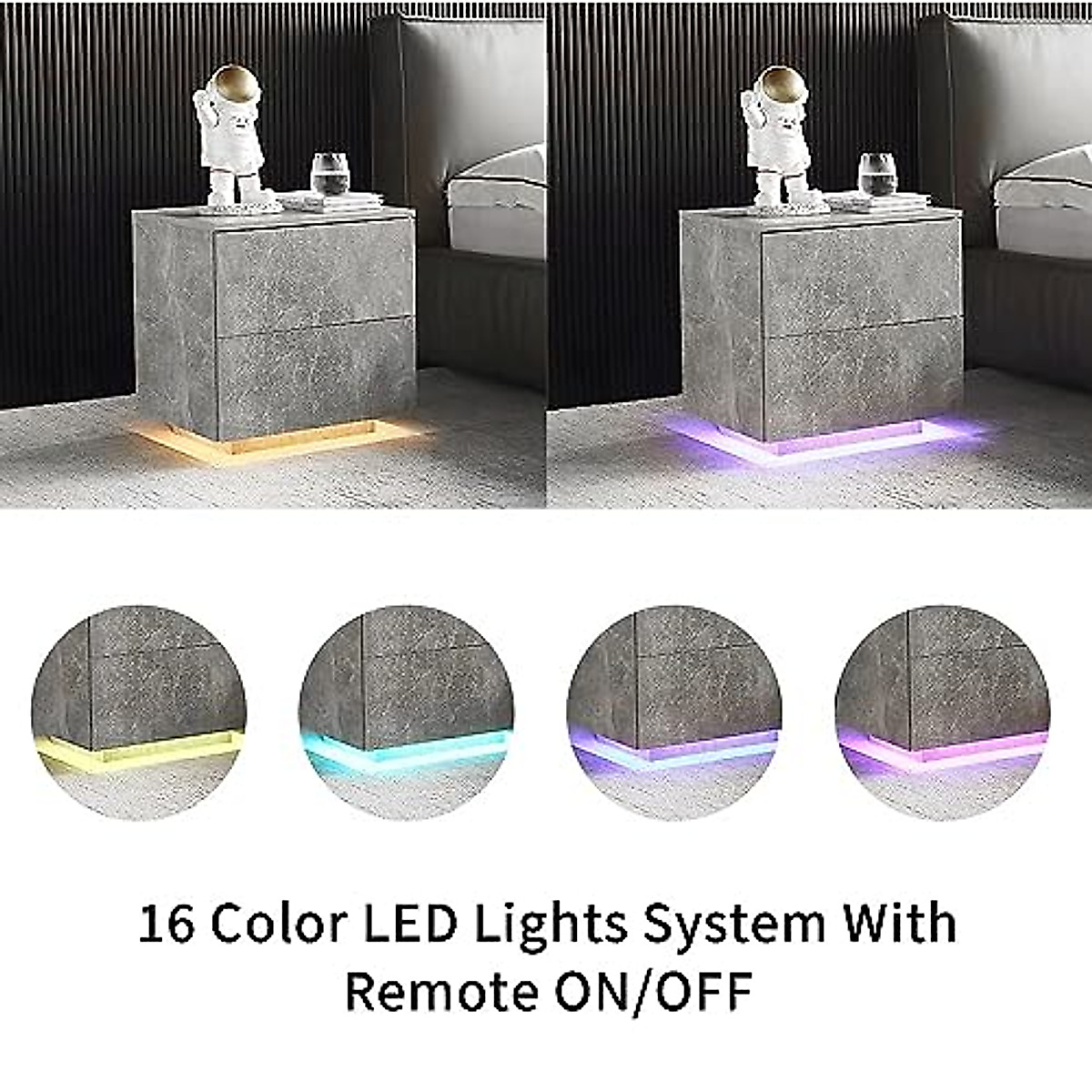 Cubehom Set of 2 Nightstand with LED Strip Lights, Modern Bed Side Table with 2 Drawers, End Table for Living Room, Bedroom, Hallway, Grey Marbling