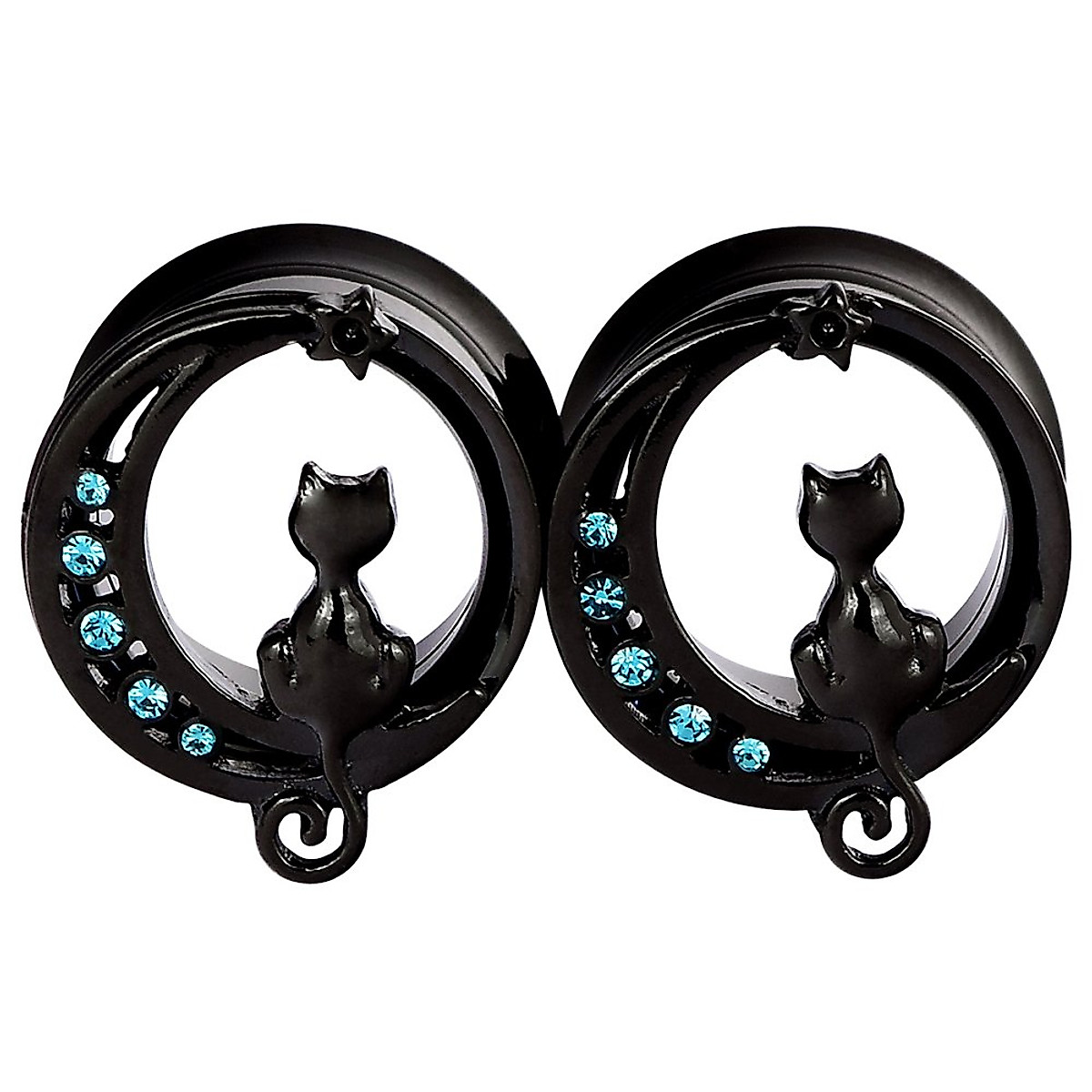 YOFANST Stainless Steel Black Cat on The Moon Ear Expander Piercing Tunnels Gauge 0g
