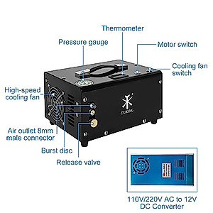 TUXING 4500Psi PCP Air Compressor,PCP Rifle/Pistol and Paintball Tank Air Pump, Powered by 12V Car DC or Home 110V AC with Power Converter and Built-in Water Oil Filter