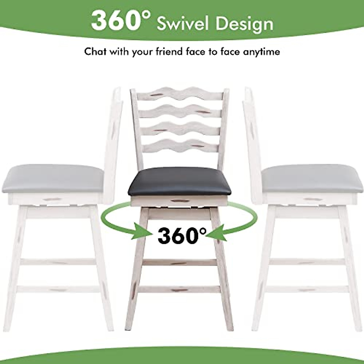 COSTWAY Bar Stools Set of 2, 25” 360° Swivel Counter Height Chairs with Rubber Wood Frame, Cushioned Seat, Ergonomic Backrest & Footrest, Wooden Upholstered Barstools for Kitchen Island (2, 25”)