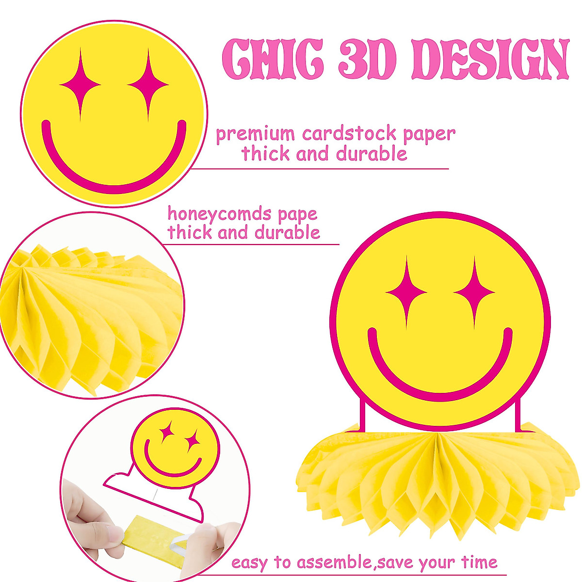 12pcs Smile Face Honeycomb Centerpieces Preppy Birthday Party Decorations Preppy Smile Face Centerpiece Decoration for Preppy Theme Birthday Bachelorette Party Supplies