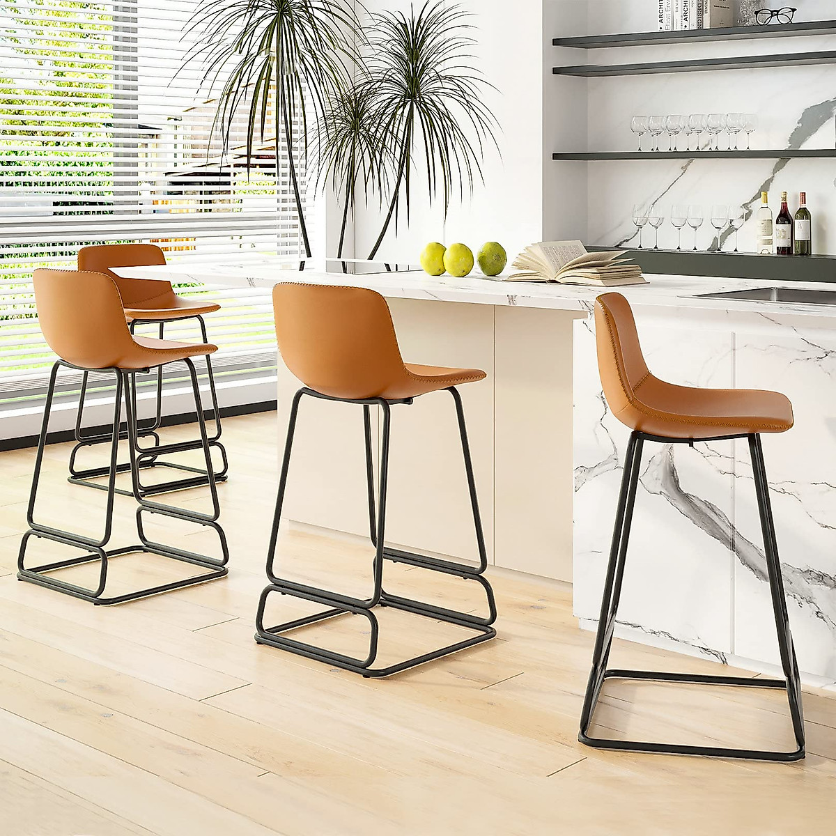 Counter Stools Industrial Faux Leather Bar Stools Set of 2,Urban Armless Dining Chairs with Metal Legs Modern Counter Height Barstools for High Desk Home Office Restaurants,24"