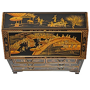 Red Lantern Hand Crafted Artisanal Black Lacquer Secretary Desk - Ching Ming