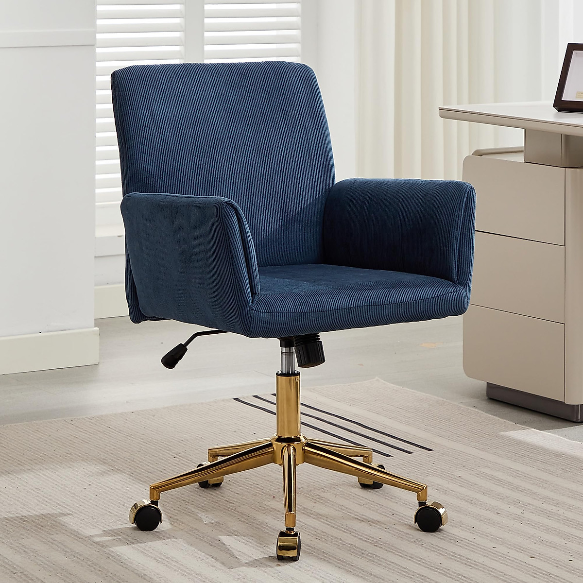 Stripes Velvet Home Office Desk Chair Accent Upholstered Modern Height Adjustable 360° Armchairs with Gold Base for Women Girls Ergonomic Study Seat Computer Task Stools for Living Room（Navy Blue）