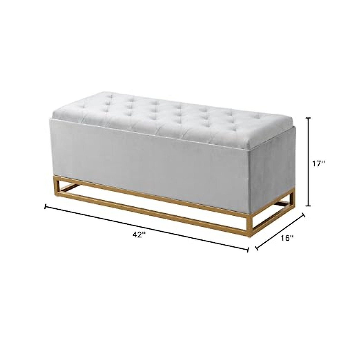Chic Home Kadiri Storage Bench Velvet Upholstered Tufted Seat Gold Tone Metal Base with Discrete Interior Compartment Modern Contemporary, Grey
