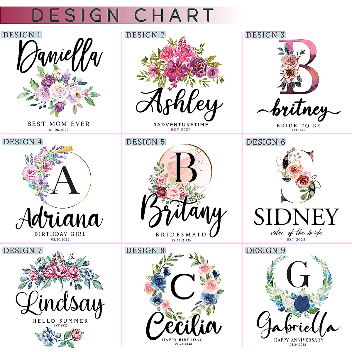 Personalized Floral Initial Tote Bags Gifts for Women - 9 Flower Designs Customizable w/Name Text Date - Custom Wedding Totes Bag Gift for Bridesmaid - Customized Monogrammed Shoulder Bag for Girls C1