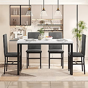 tantohom Dining Table Set for 4, Modern Kitchen Table and Chairs for 4, Home Furniture Dining Room Table Set with Faux Marble Countertop and PU Leather Chairs for Small Space, Apartment, Dinette, Gray