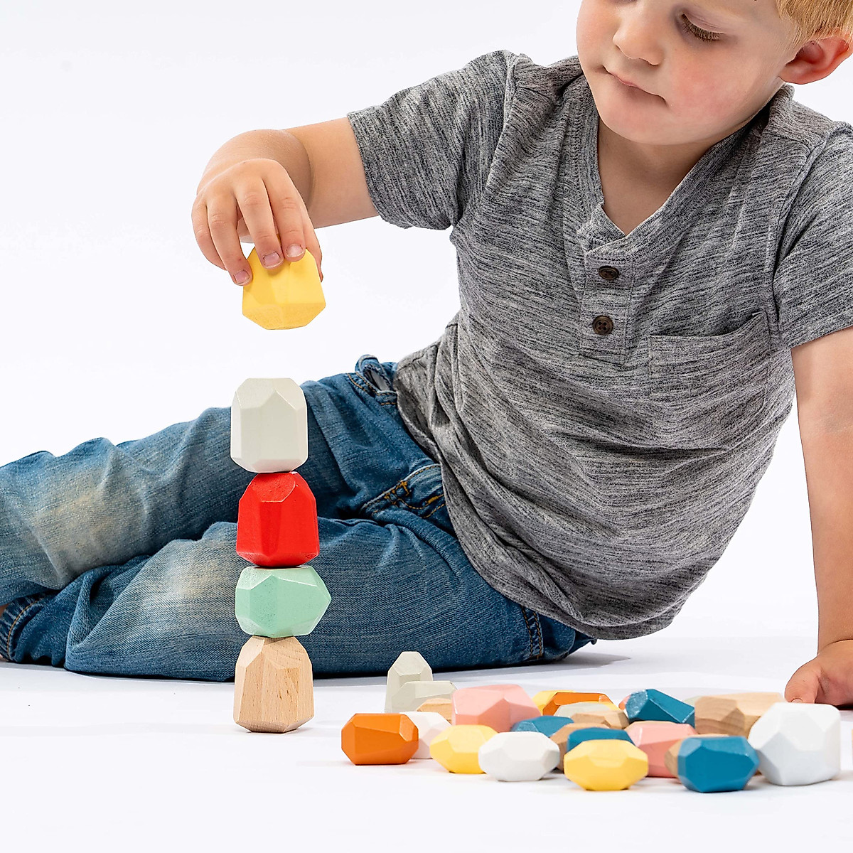 JumpOff Jo - 36 Piece Wooden Balancing Blocks & Stacking Stones Set - Montessori Toys for Toddlers - Sensory Building Stones, Educational & Natural Toys for Kids