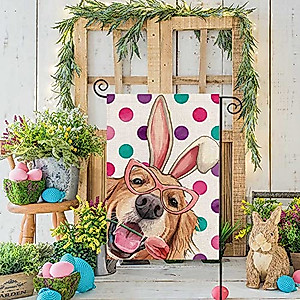 Easter Dog Garden Flag for Outdoor 12x18 Double Sided,Golden Retriever with Flowers Bunny Ears Dots Small Yard Flag,Seasonal Decors for Spring Outside Farmhouse Holiday