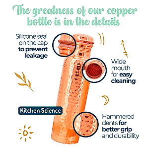 Kitchen Science Copper Water Bottle (32oz/950ml) w/a Carrying Canvas Bag | 100% Pure Copper Bottle for Drinking Water | Lab-Tested, Heavy Duty & Leak-Proof | Authentic Ayurvedic Copper Water Bottle