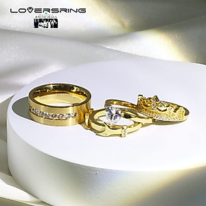 Wedding Ring Set Couples Rings Crown Claddagh ring Yellow Gold Plated Heart White Cz Titanium band