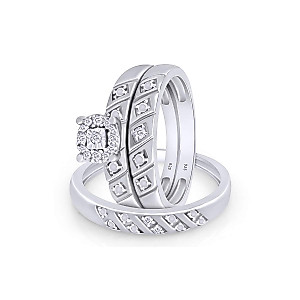 Jewel Zone US White Natural Diamond Engagement & Wedding Trio Band Ring Set in 14k White Gold Over Sterling Silver (0.1 Ct)