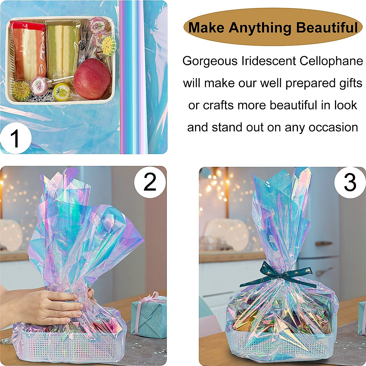 34in x 50ft Iridescent Cellophane Wrap Roll, Extra Wide Iridescent Film Cellophane Wrap Rainbow Colored Cellophane Wrap Iridescent Cellophane Roll for Gift Baskets, Crafts, Candy, Gifts, Flowers