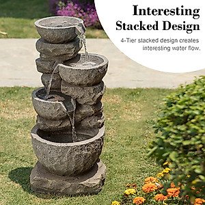 Glitzhome GH11246 Polyresin Stone 4-Tiered Bowls Fountain with LED Lights Outdoor Decorative Water Feature, 32.25" H, Gray