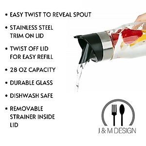 J&M DESIGN 28 OZ Glass Pitcher With Lid Water Carafe Easy Twist Stainless Steel & Plastic Lid Removeable Strainer For Juice Beverage drinks Iced Coffee Milk Container Bottle Jar Mimosa Bar Supplies