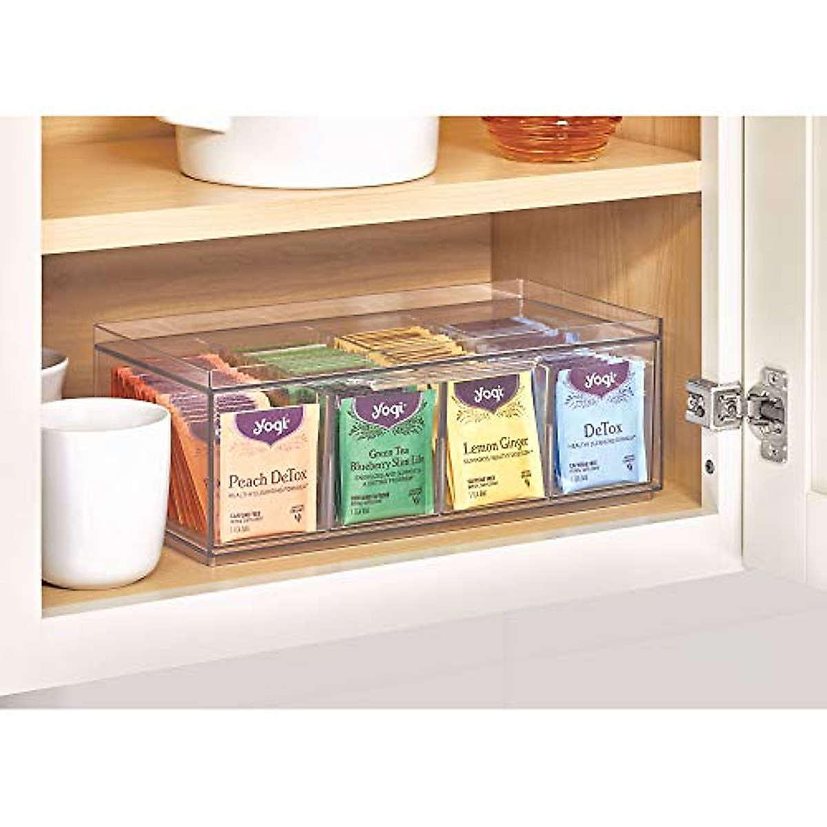 iDesigniDesign Crisp BPA-Free Plastic Stackable Tea Bag Organizer, 12.59" x 6.23" x 4.57", Clear with Gray Dividers & Recycled Plastic Extra-Large Bin, 10” x 8” x 5iDesign