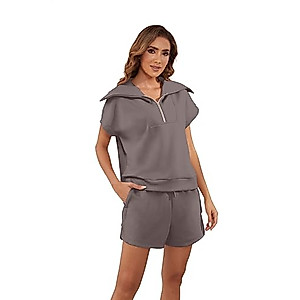calbatic Women Casual Two Pieces Outfits Half Zip Lapel Collar Short Sleeve Sweatshirt High Waisted Shorts Tracksuit Sets