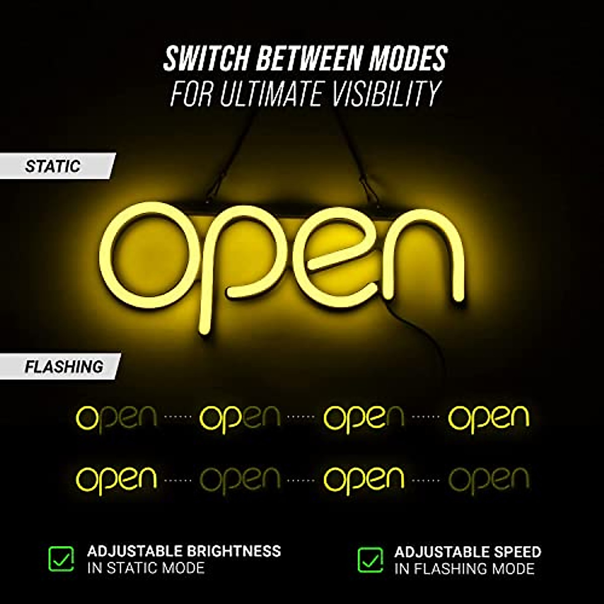 Flashing LED Neon Open Sign Light for Business with ON & Off Switch - Lightweight & Energy Efficient for Restaurants Offices Retail Shops Window Storefronts - Yellow