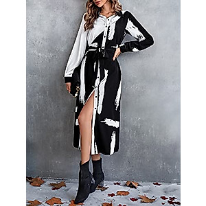 WDIRARA Women's Colorblock Brush Print Button Front Long Sleeve Belted Maxi Shirt Dress Black and White M