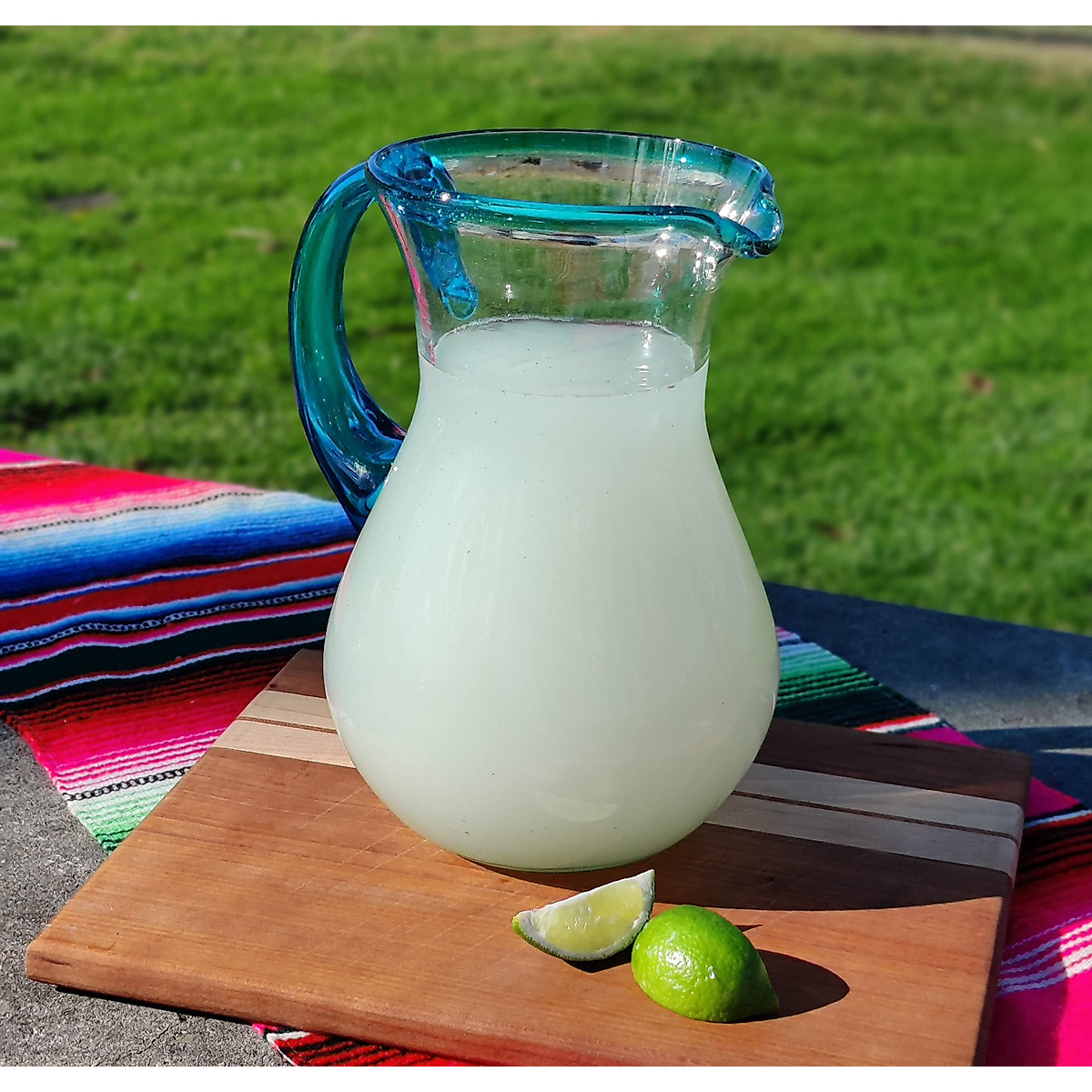 Mexican Hand Blown Glass Pitcher – Aqua Rim and Handle (84 oz)