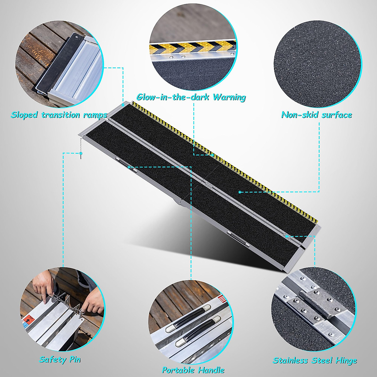 WHALEMOTOR Portable Wheelchair Ramp 8FT, Anti-Slip Aluminum Folding Portable Ramp, Wheelchair Ramps for Home, Weight Capacity Up to 600 LBS, with Transition Plates Above and Below