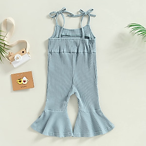 Bonangber Casual Toddler Baby Girl Summer Romper Ribbed Solid Color Sleeveless Suspenders Bell Bottom Pants Jumpsuit (Blue, 3-4 Years)