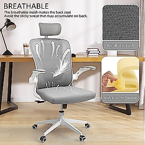 Monhey Ergonomic Office Chair, Home Office Desk Chairs with Adjustable Headrest, Lumbar Support, 2D Armrest, Big and Tall Office Chair 220lbs Heavy Duty Office Chair with Metal Base - Grey