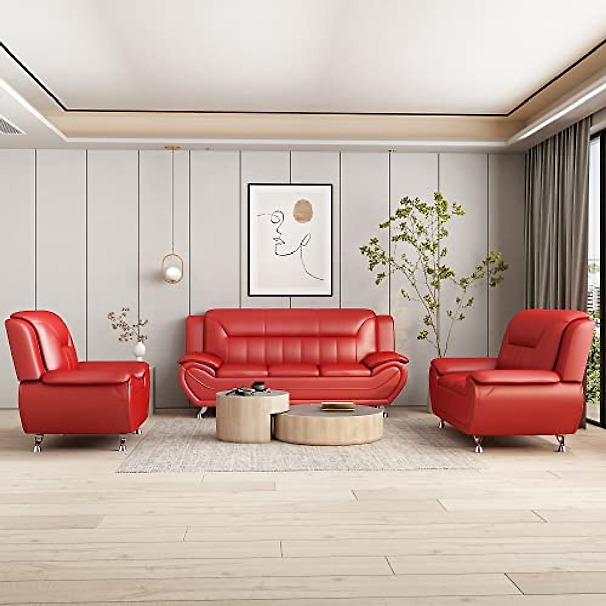 Container Furniture Direct Michael Modern Faux Leather Upholstered Stainless Steel Legs Living Room Loveseat, Persian Red