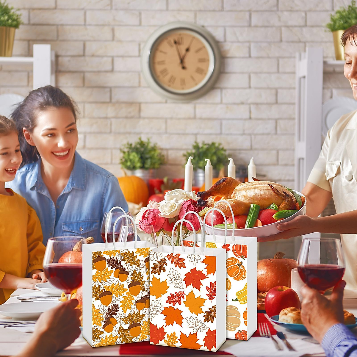 Glenmal 24 Pcs Fall Gift Bags Thanksgiving Treat Bag with Handle Maple Leaf Pumpkin Chestnut Design Goodie Bags Fall Kraft Bag for Thanksgiving Autumn Party Favors Bridal Shower