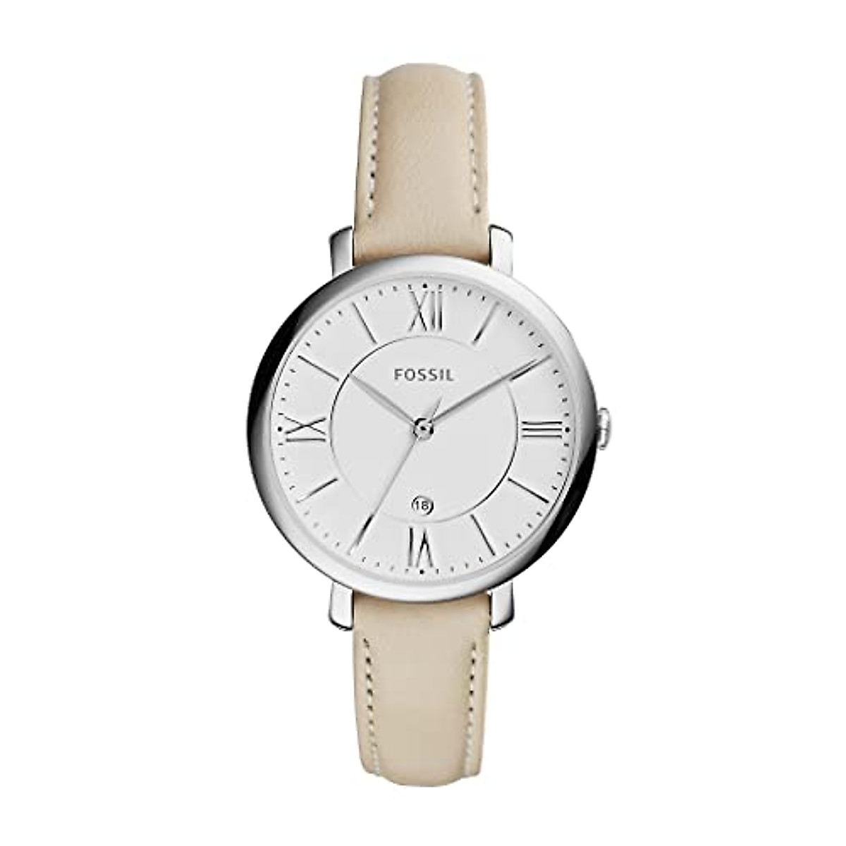 Fossil Women's Jacqueline Quartz Stainless Steel and Leather Three-Hand Date Watch, Color: Silver, White (Model: ES3793)