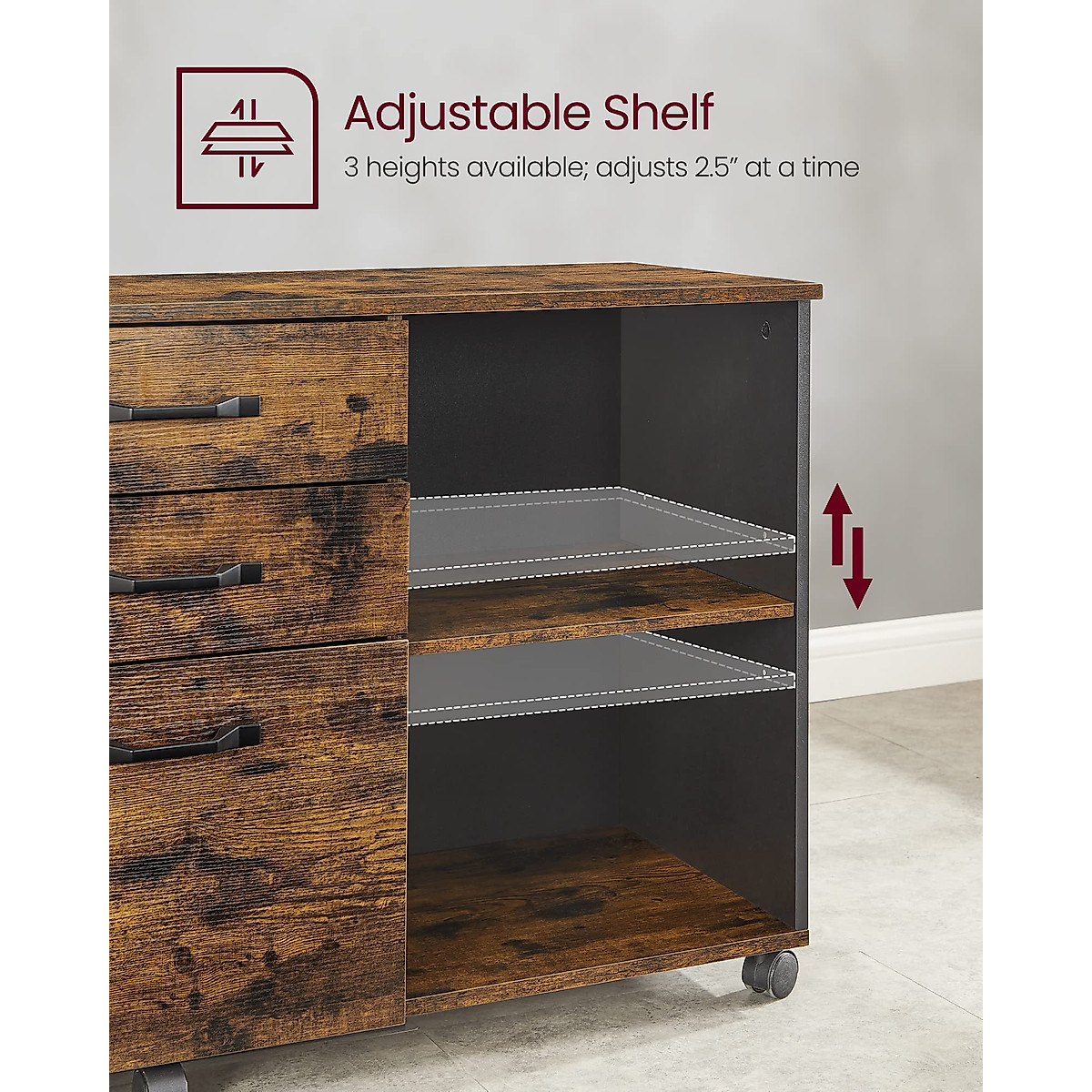 VASAGLE Lateral File Cabinet, Home Office Printer Stand, with 3 Drawers and Open Storage Shelves, for A4, Letter-Size Documents, Rustic Brown + Black